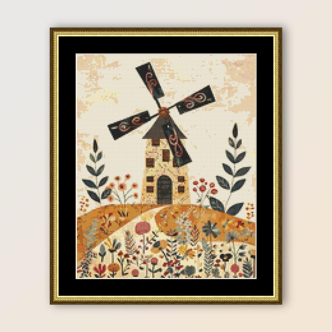 Folk Art Windmill Cross Stitch Pattern: Abstract Floral Landscape (PDF ...