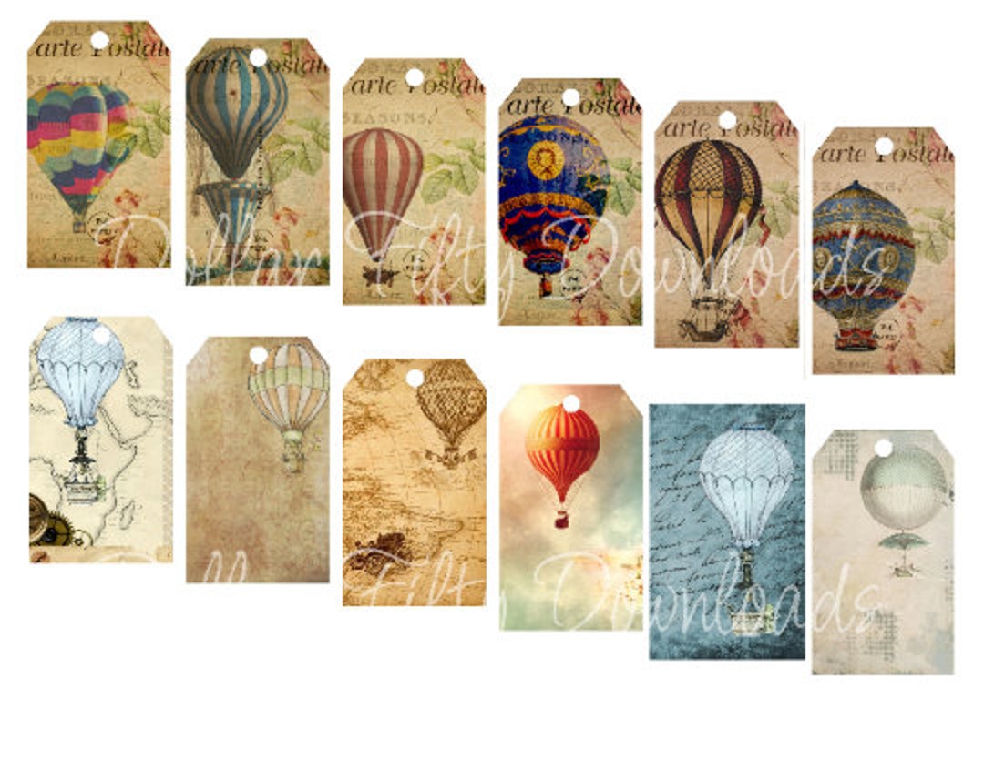 Twelve Printable Hot Air Balloons Tags, JPG and PDF, Instant Download ...