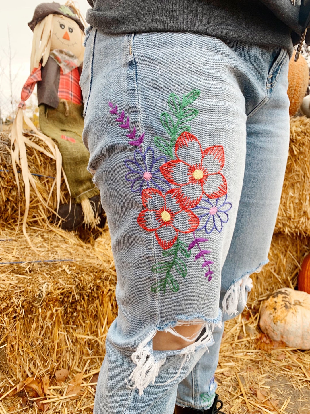 Embroidered Jeans - Etsy