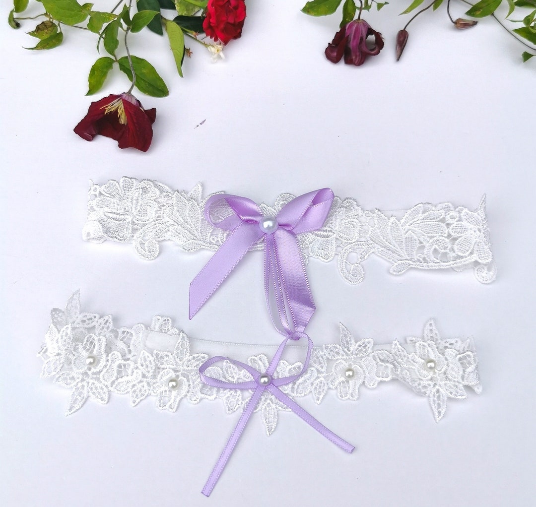 Handmade Lace Bridal Garter Set, Ivory and Lilac Wedding Garter - Etsy