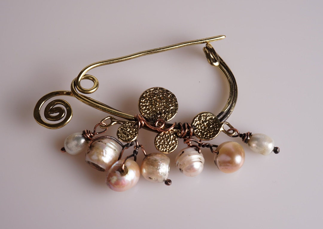 Pearl Brooch/wire Wrapped Brooch/wire Wrap Brass Brooch/brass Lapel Pin ...