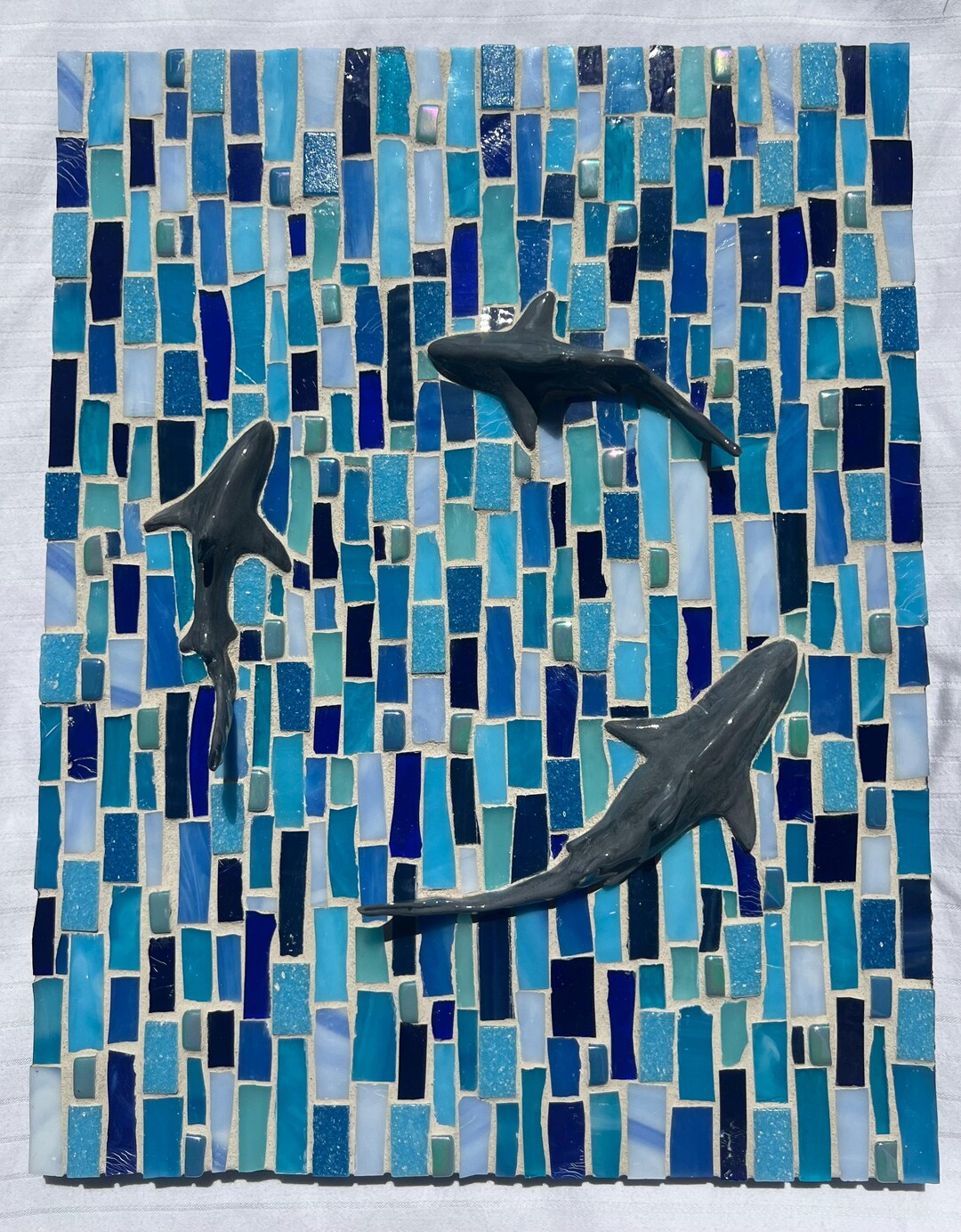 Circling Sharks Mosaic Wall Art | Handcrafted Glass & Ceramic Ocean ...