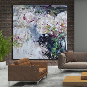 Hand Painted Abstract Flowers on Canvas, Original Framed Modern Wall ...