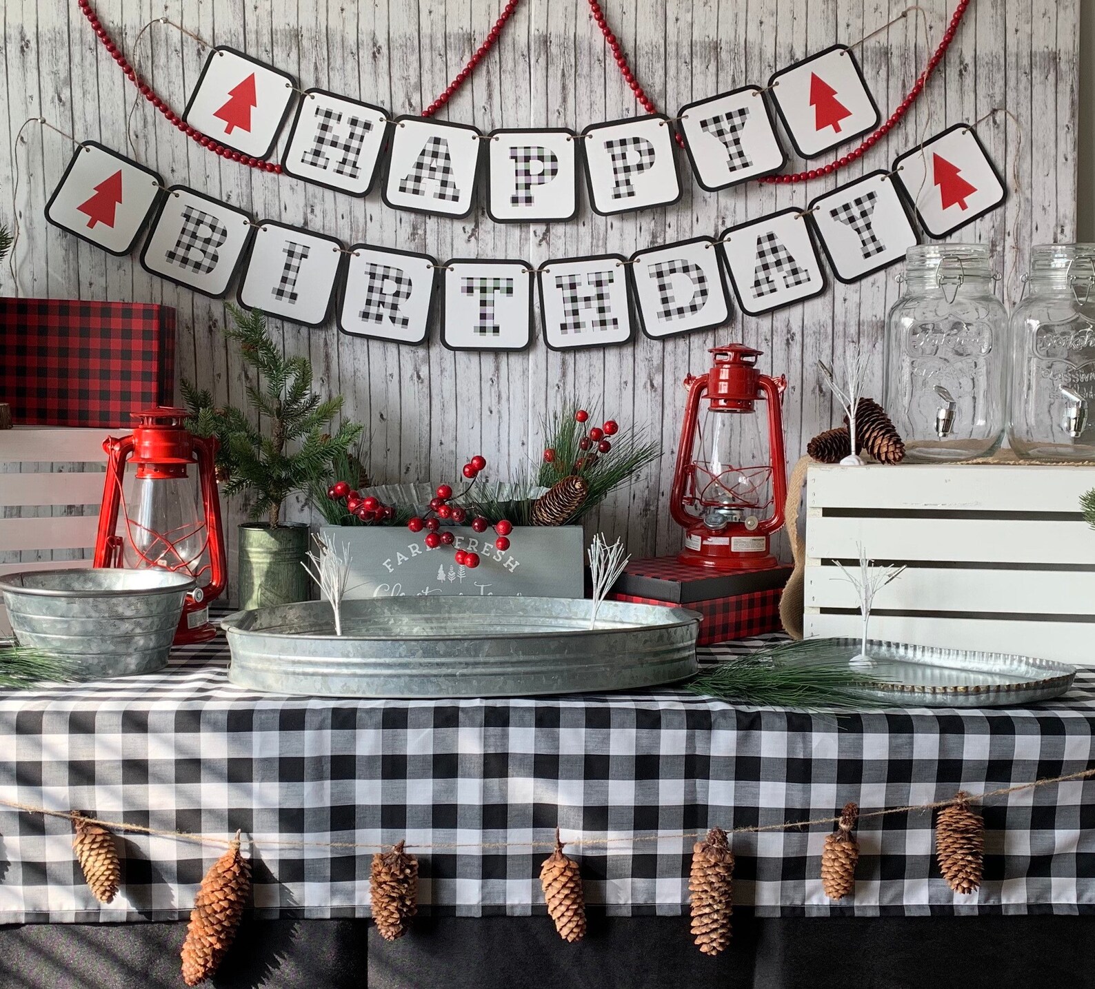 Black and White Buffalo Plaid Happy Birthday Banner | Buffalo Check ...