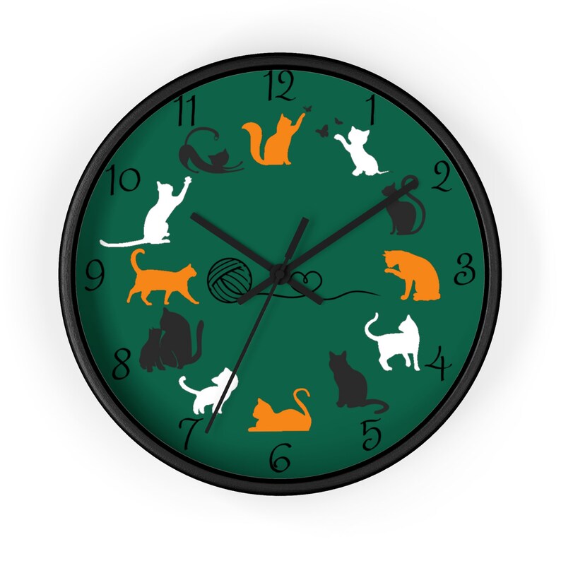 Forest Green Playful Cat Clock, Fun Times Kitty Silhouette Kitchen Wall ...