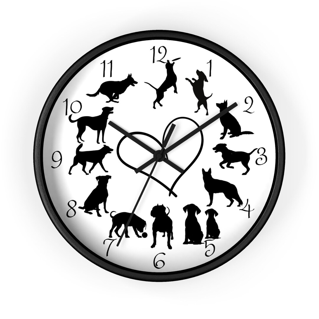 Playful Dog Silhouette Heart Kitchen Wall Clock, Puppy Love Clock, Cute ...