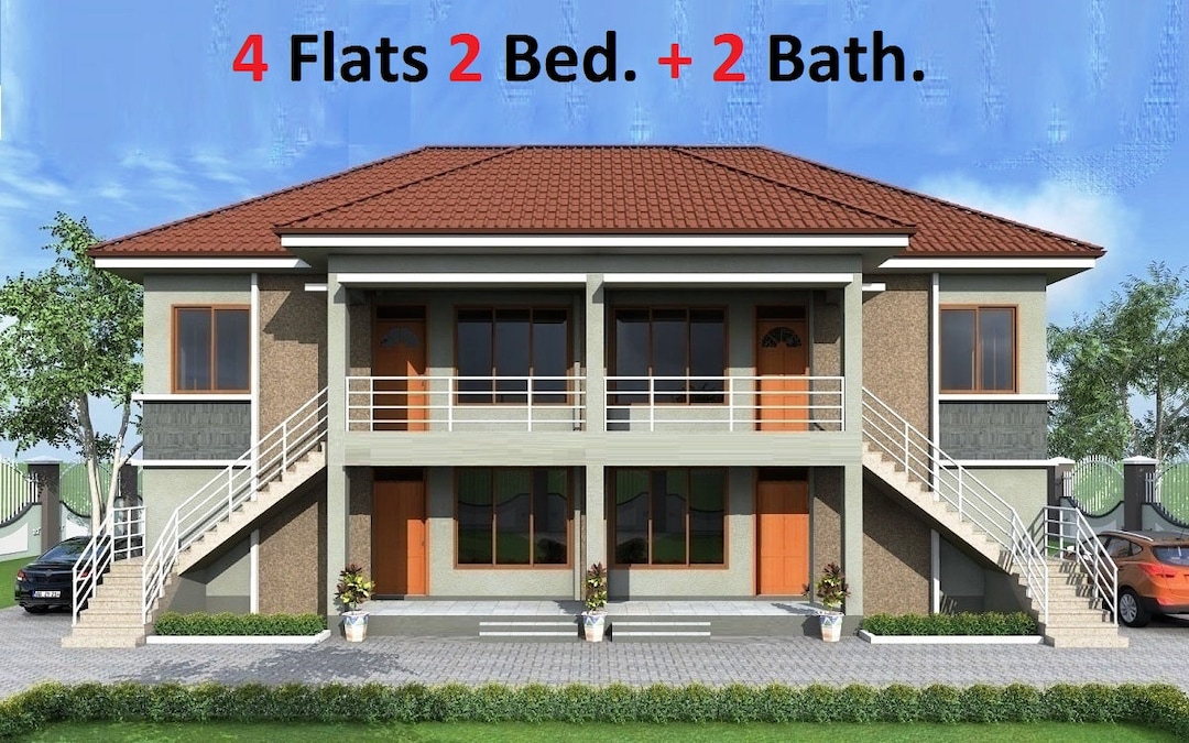B-312-B| Two Story Building Plans: With 4 Flat, 2 Bed, 2 Bath. 1 ...