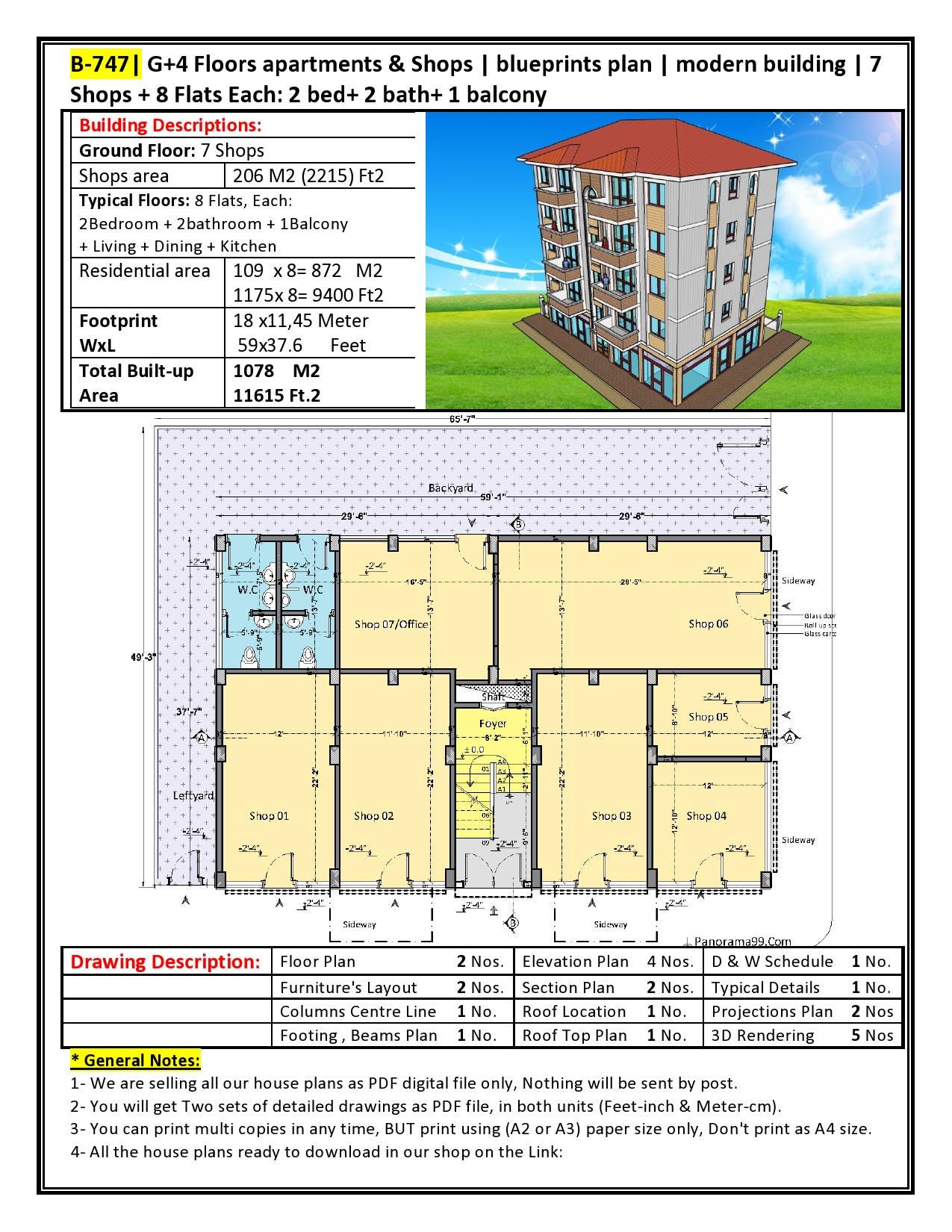 B-747| Modern 5 Floor Building Plan: 7 Shops + 8 Apartments of 2 ...