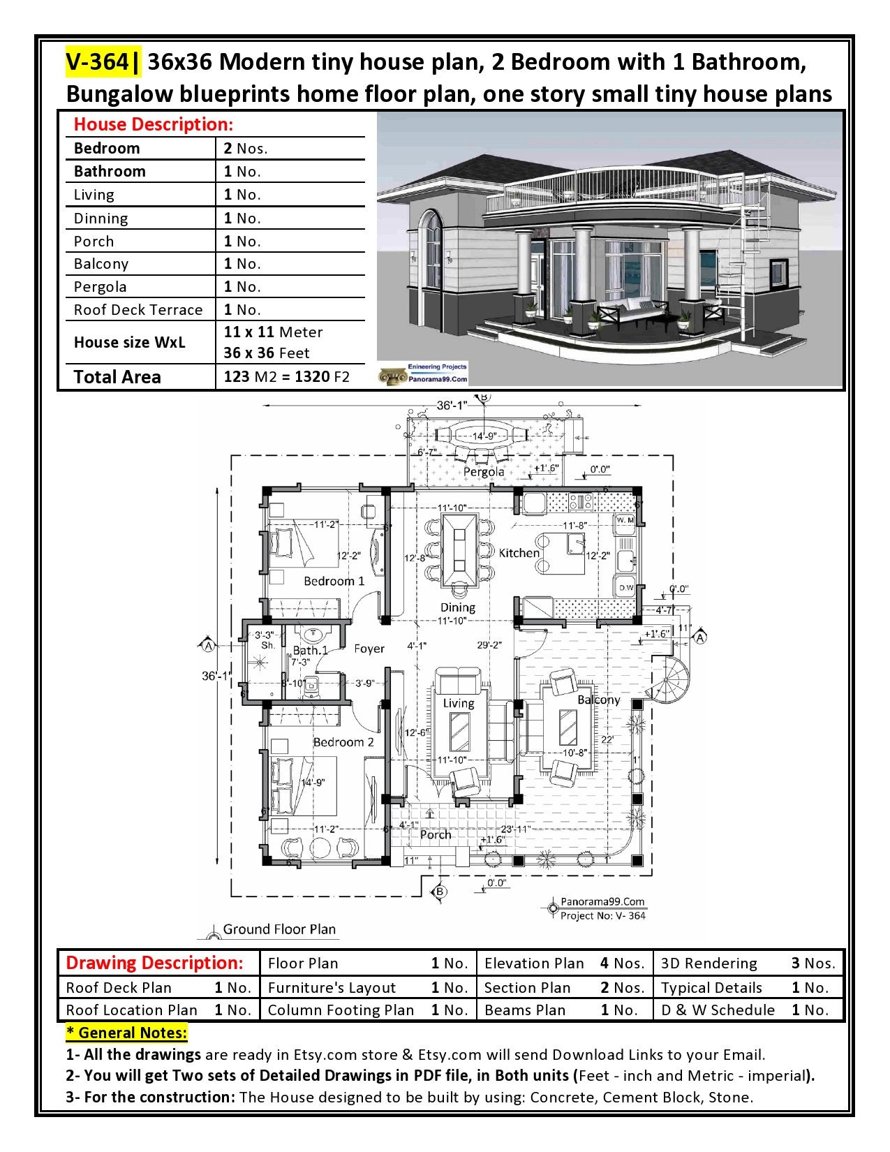 V-364 36x36 Modern tiny house plan 2 Bedroom with 1 | Etsy