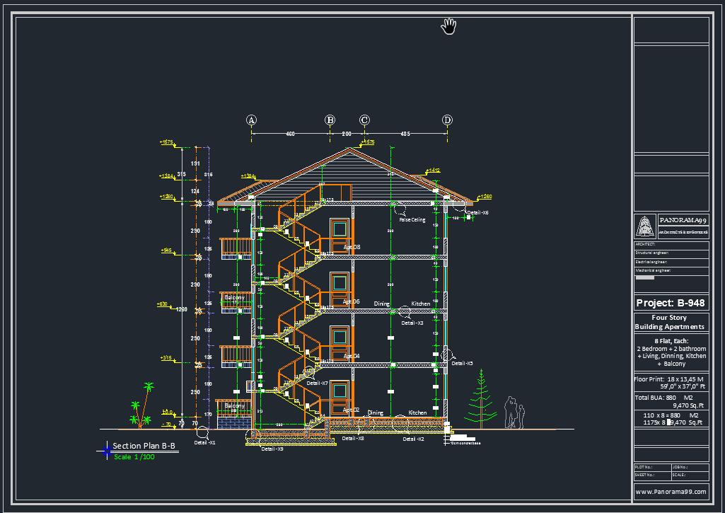 B-948| Modern Building Apartment Plan | Blueprint Four Story Hotel ...