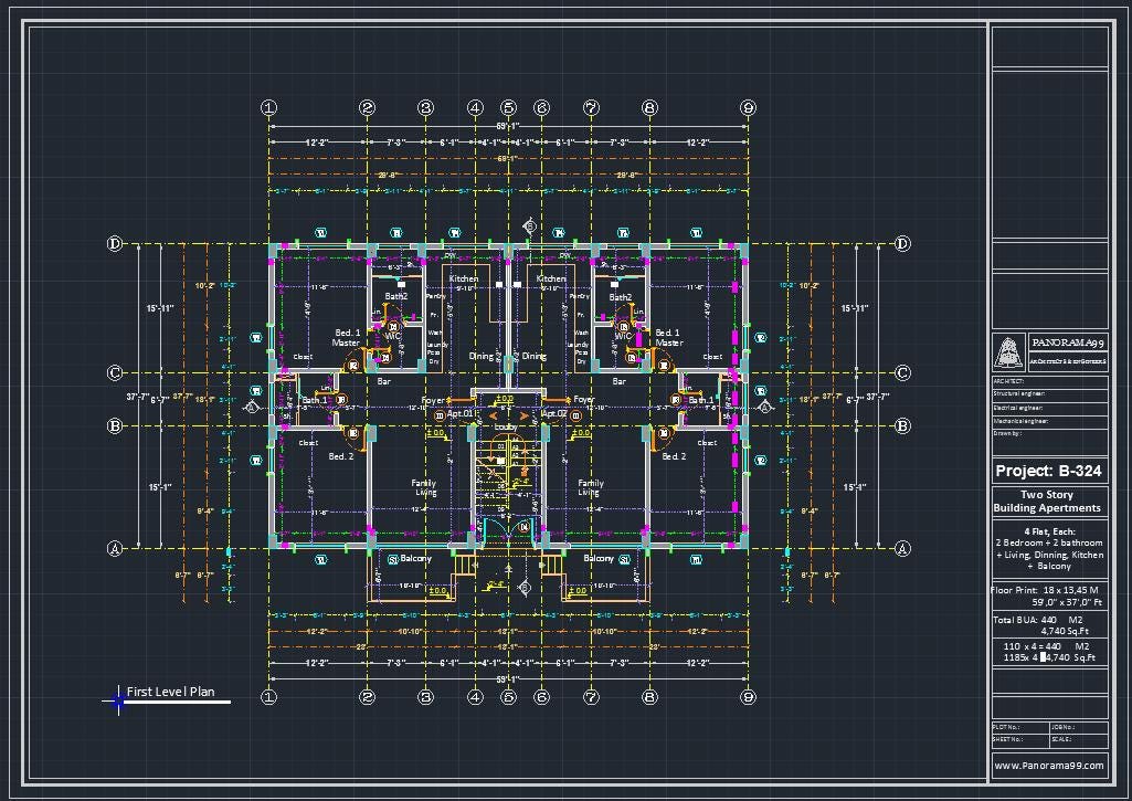 B-948| Modern Building Apartment Plan | Blueprint Four Story Hotel ...