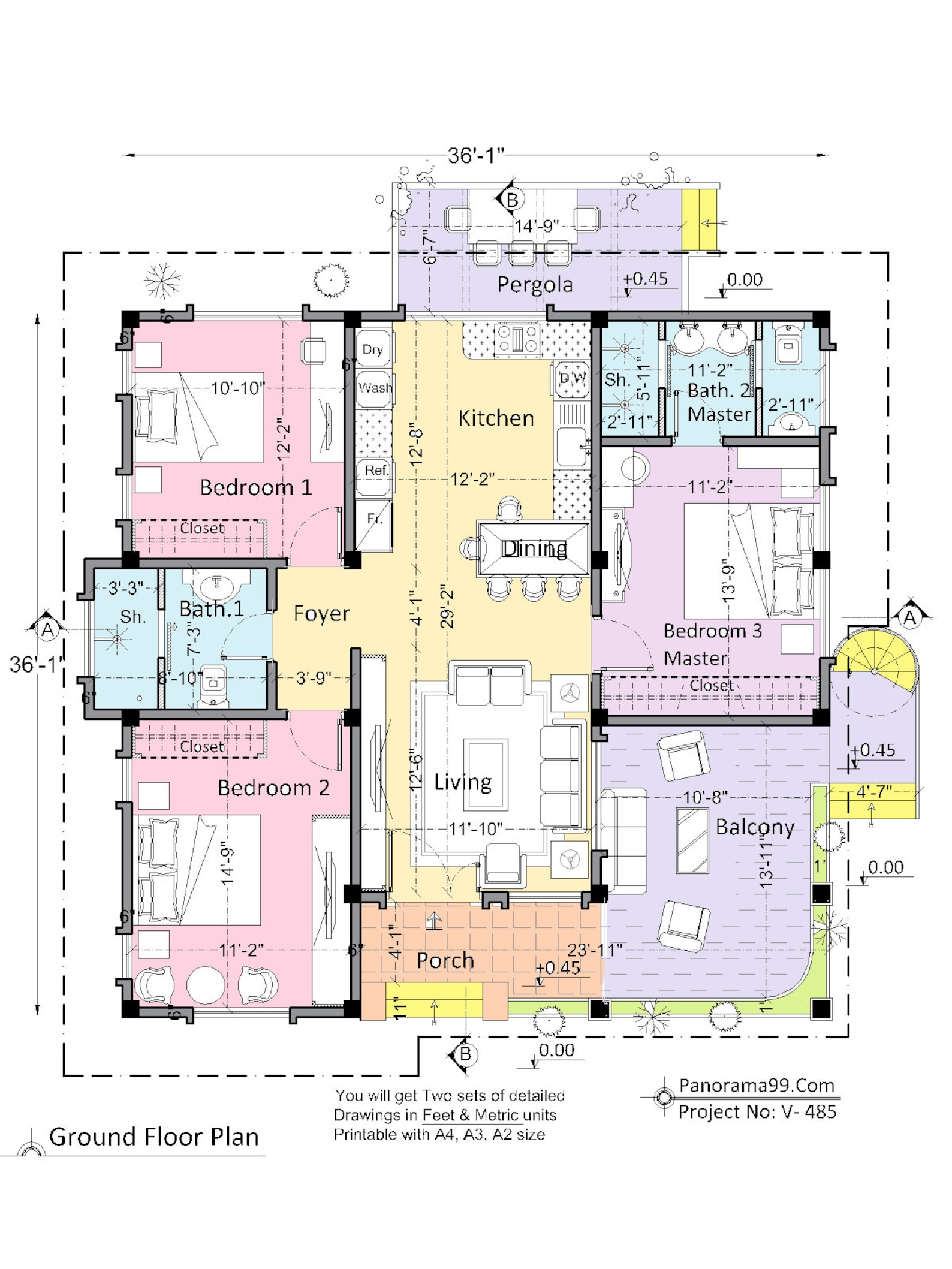 V-485 36x36 Modern Tiny House Plan 3 Bedroom With 2 - Etsy Canada