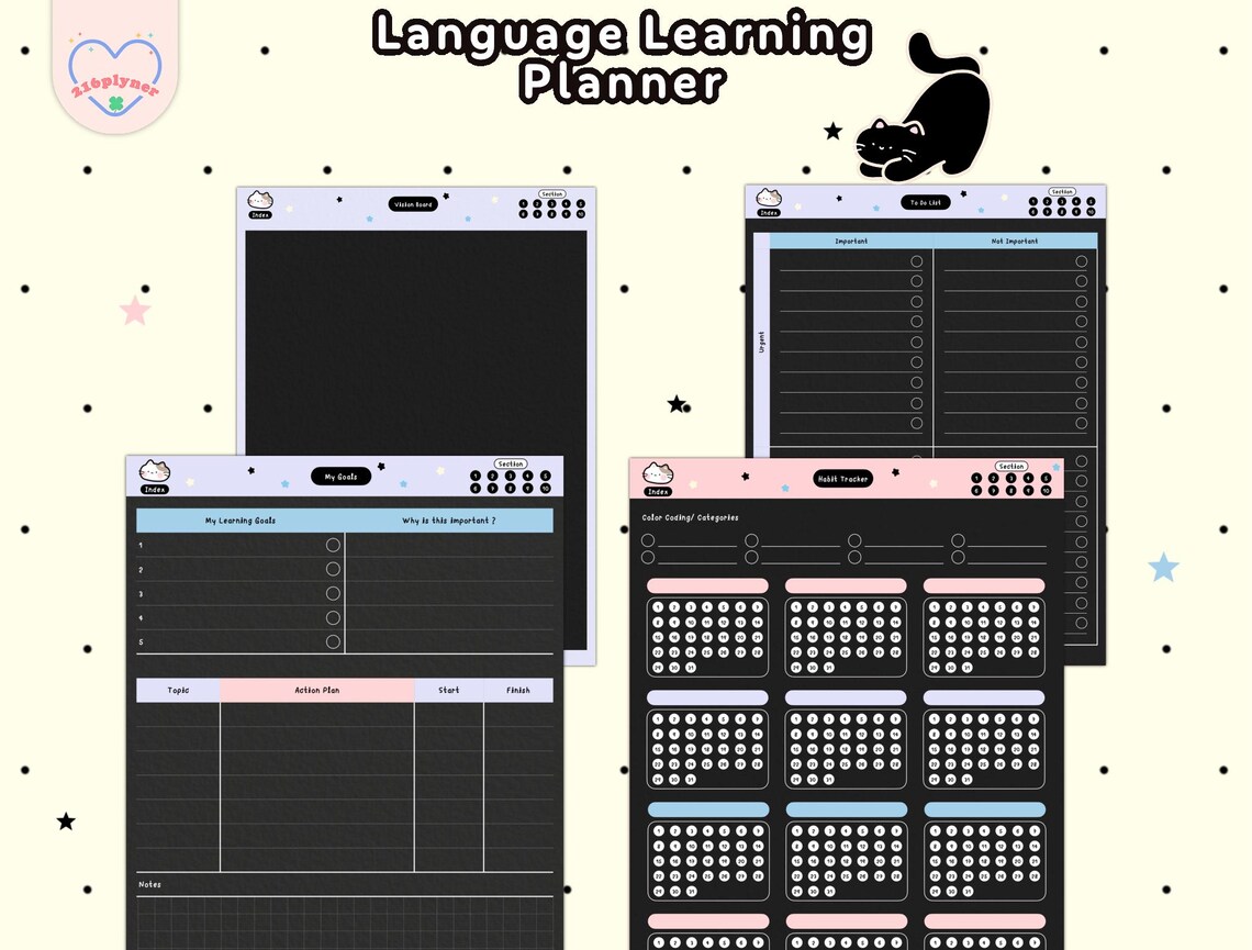 Dark Mode Language Learning Digital Notebook: Vocabulary, Grammar ...