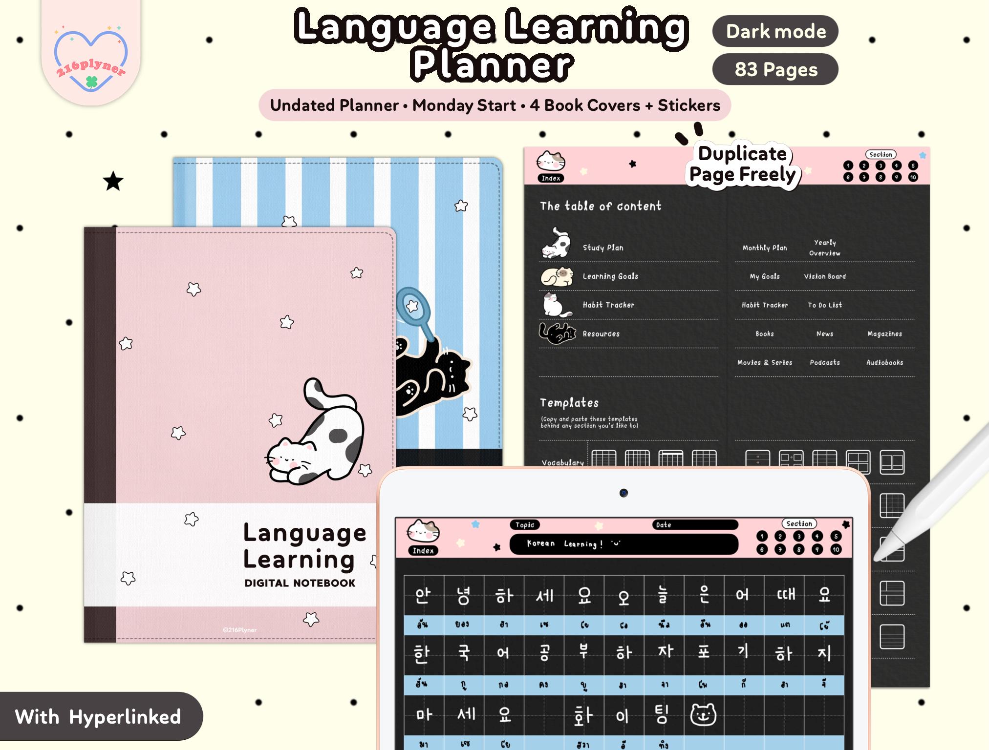 Dark Mode Language Learning Digital Notebook: Vocabulary, Grammar ...
