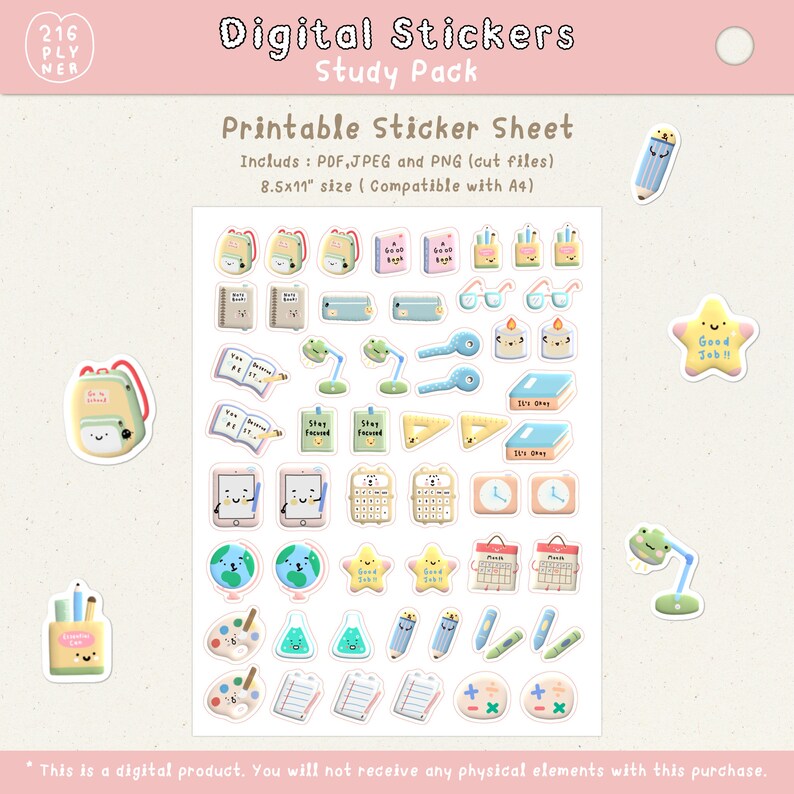 Study Digital Stickers | Cute Sticker Pack | Printable Stickers ...