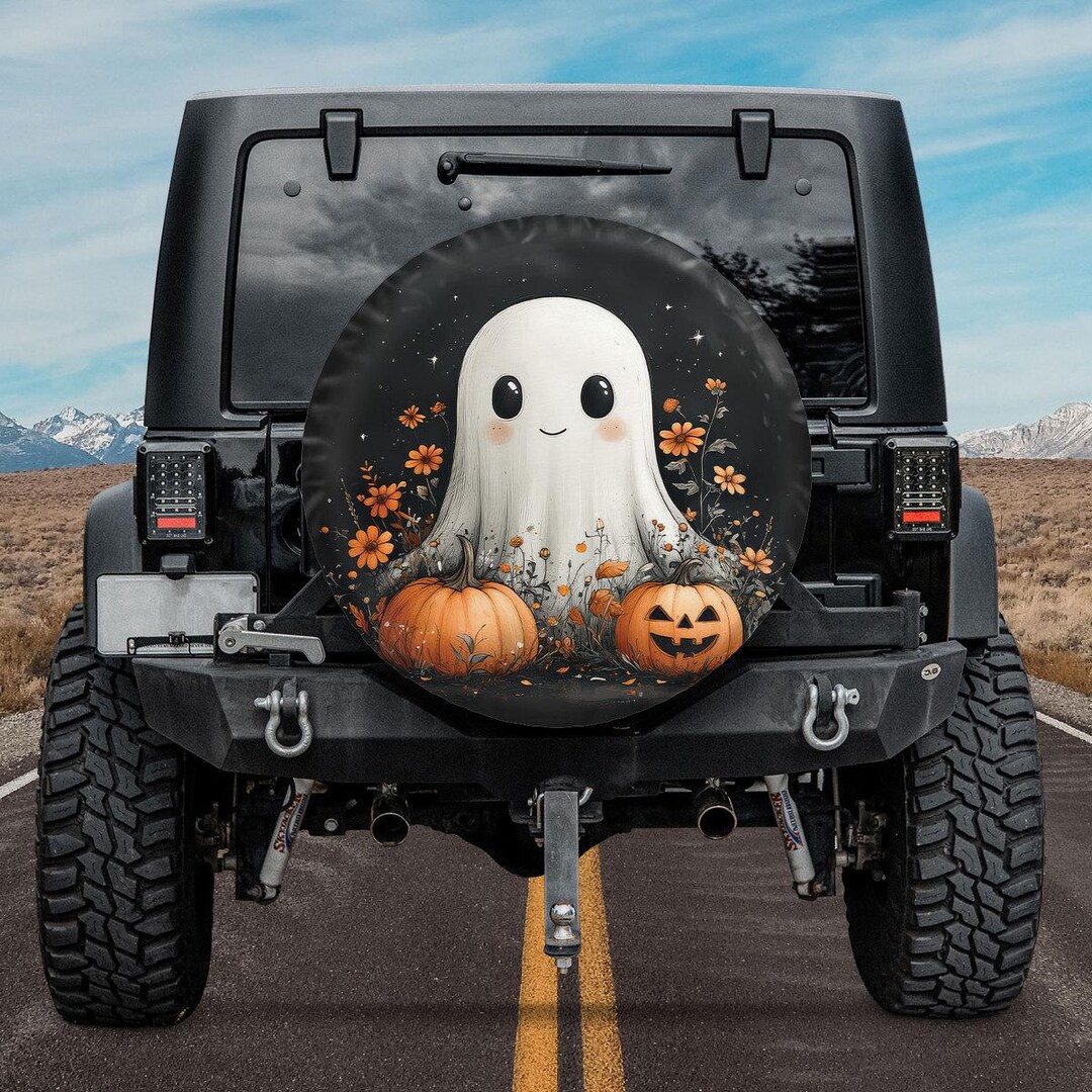 Cute Ghost With Flowers and Leaves Spare Tire Cover, Fall Florals Spare ...