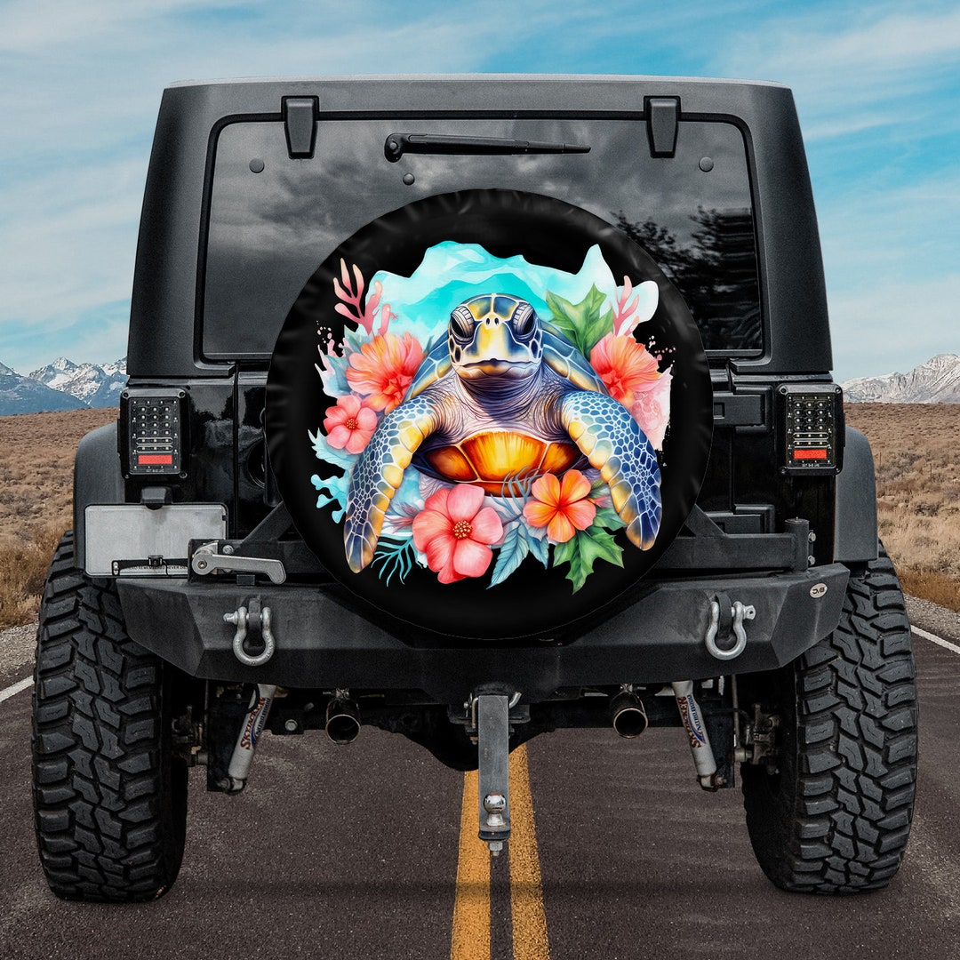 Sea Turtle With Flowers Spare Tire Cover, Hawaiian Tie Dye Sea Turtle ...