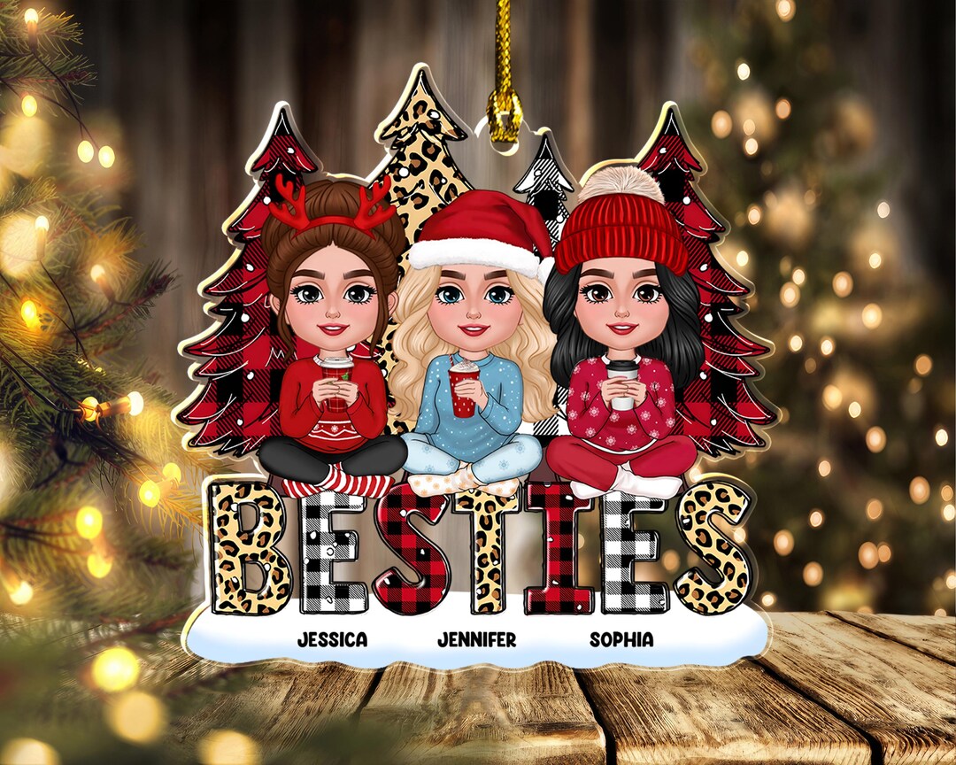 Leopard Checkered Pattern Christmas Tree Besties Sisters Personalized ...
