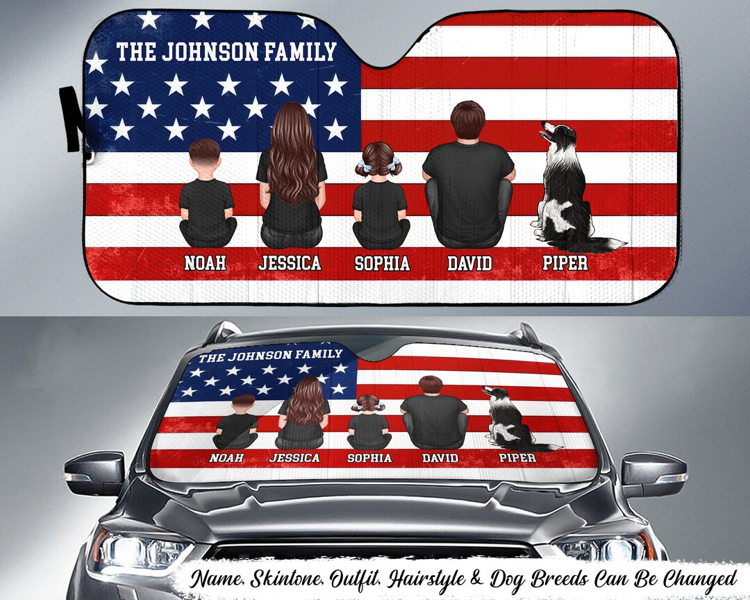 Family Sitting Back View Nation Flag, Personalized Car Sun Shade ...