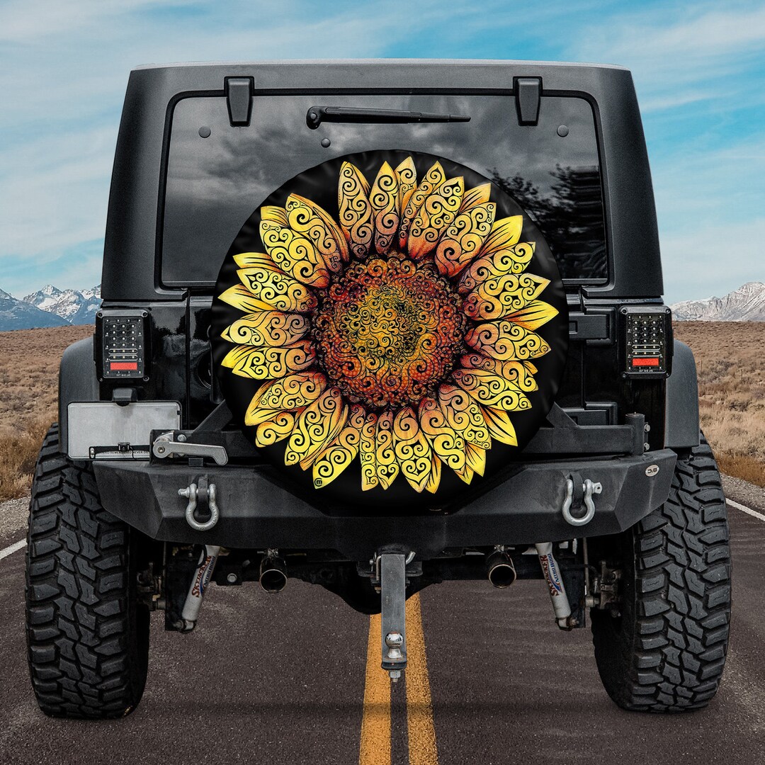 Swirly Sunflower Spare Tire Cover, Spare Tire Cover With Sunflower ...