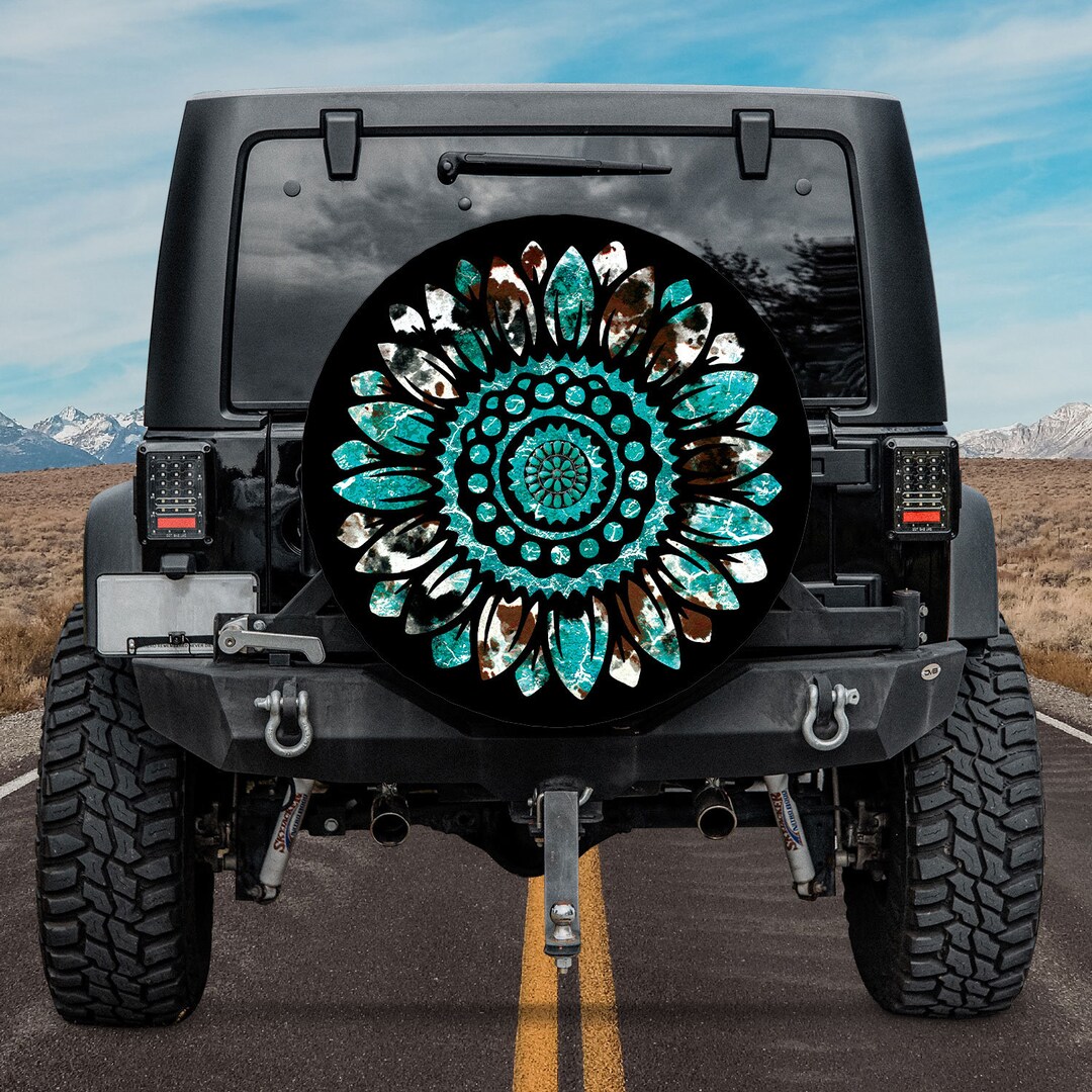 Sunflower Spare Tire Cover Blue Cowhide Gemstones Spare Tire Cover