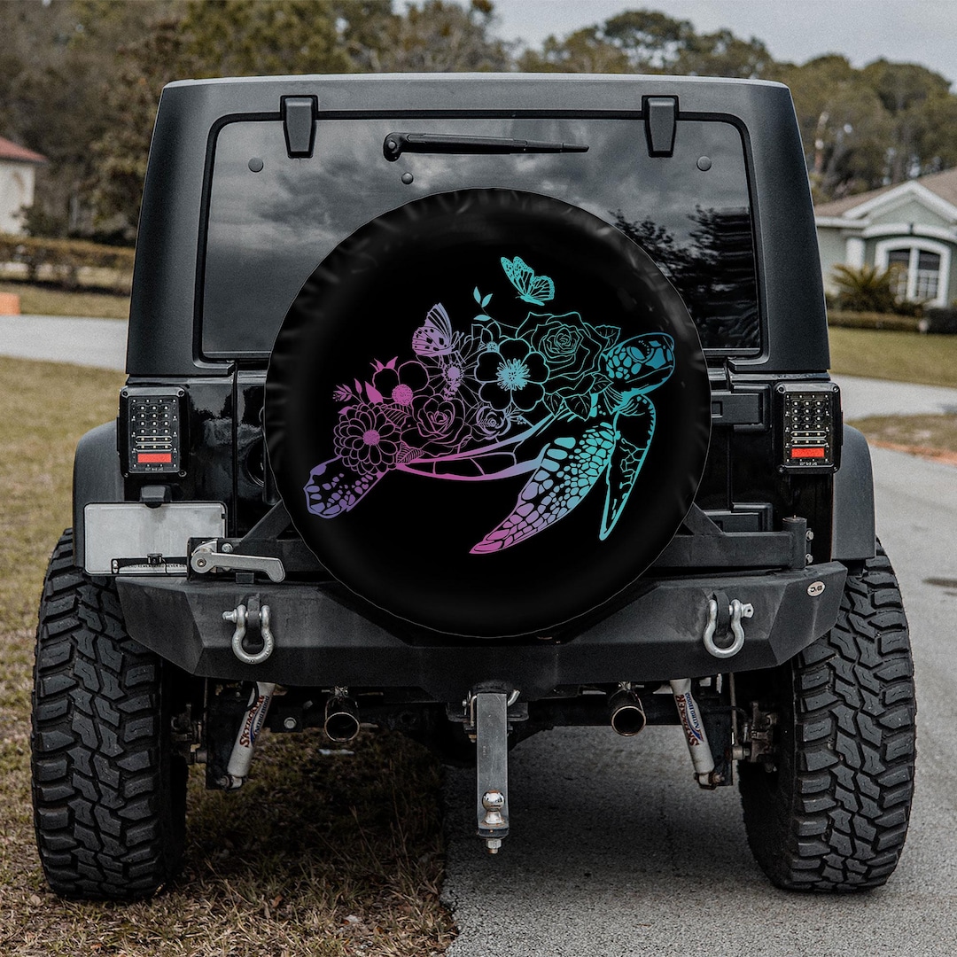 Neon Flower Turtle Spare Tire Cover, Sea Turtle Neon Rainbow Spare Tire ...