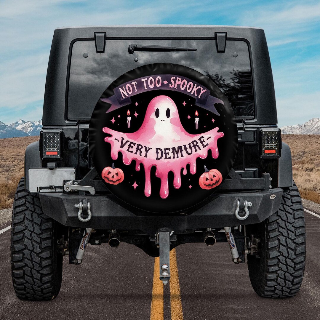 Not Too Spooky Very Demure Spare Tire Cover, Halloween Pink Ghost Boo ...