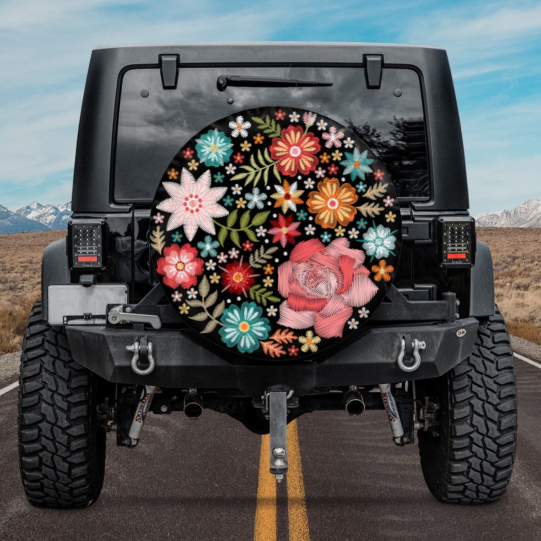Faux Embroidery Spare Tire Cover, Botanical Tire Cover, Spare Tire ...