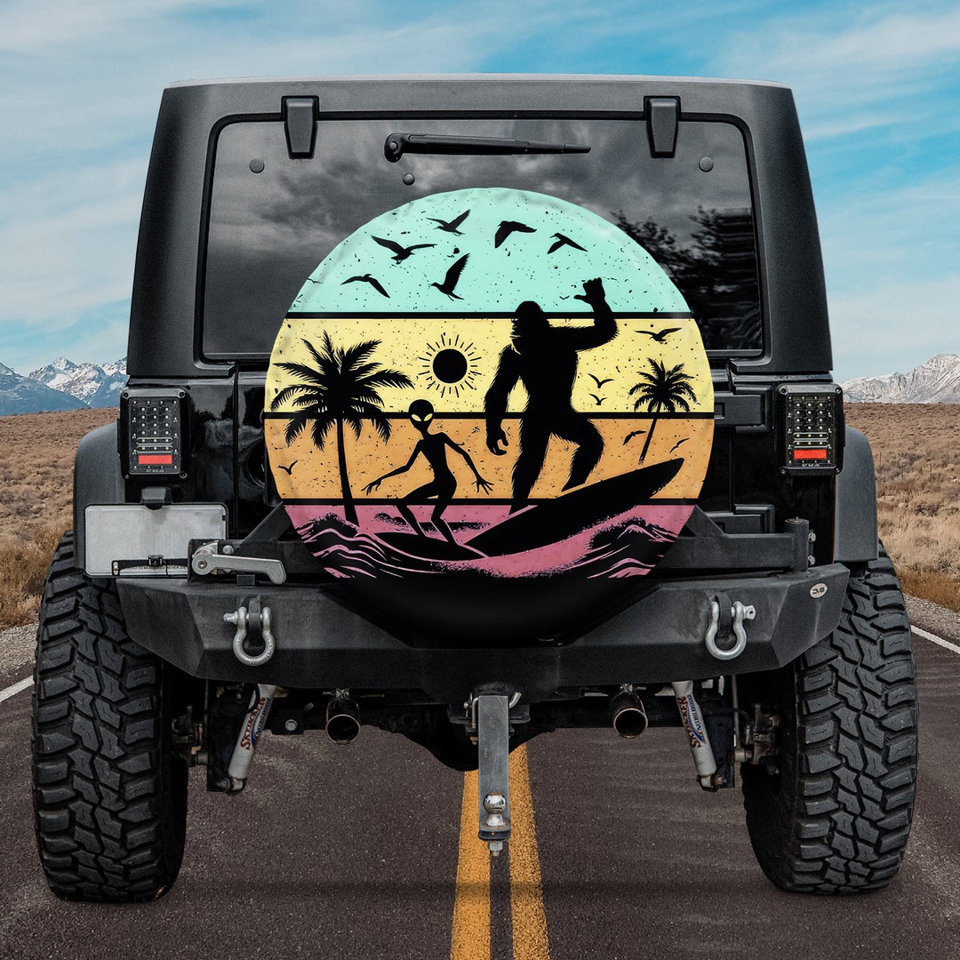 Bigfoot Alien Surfers Tropical Palm Tree Beach Spare Tire Cover ...