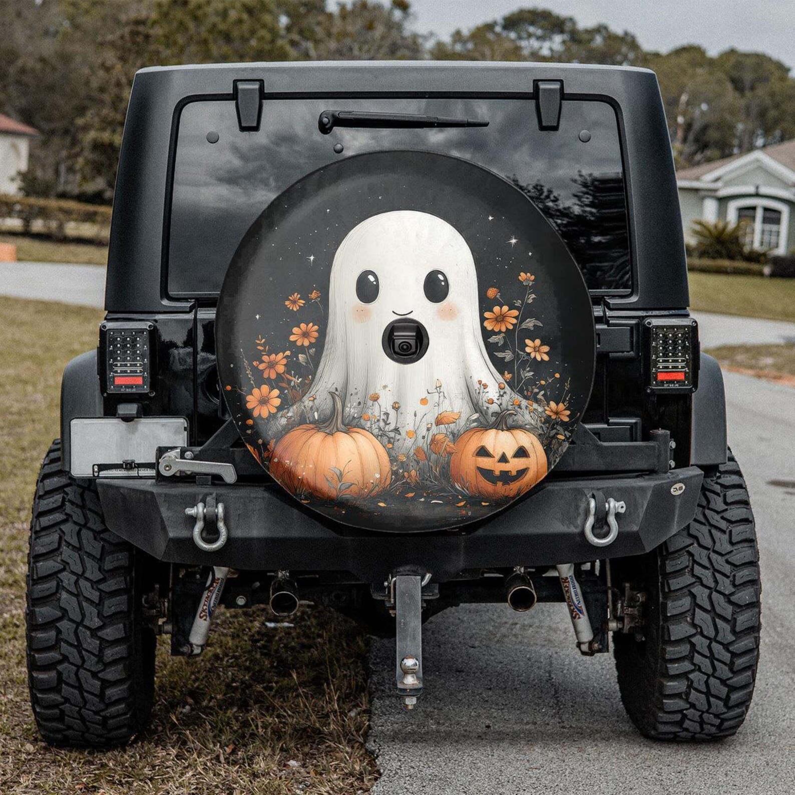 Cute Ghost With Flowers and Leaves Spare Tire Cover, Fall Florals Spare ...