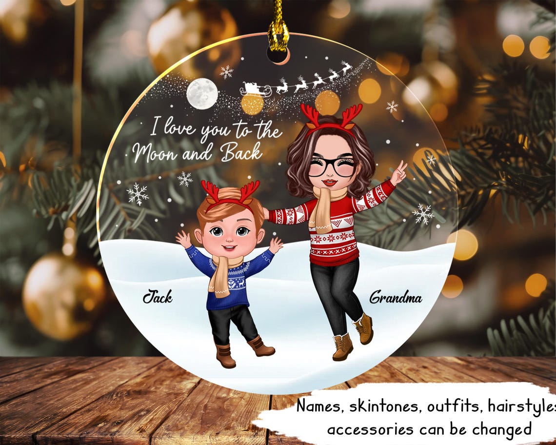 Happy Doll Grandma Grandkid in Snow, Personalized Acrylic Ornament ...