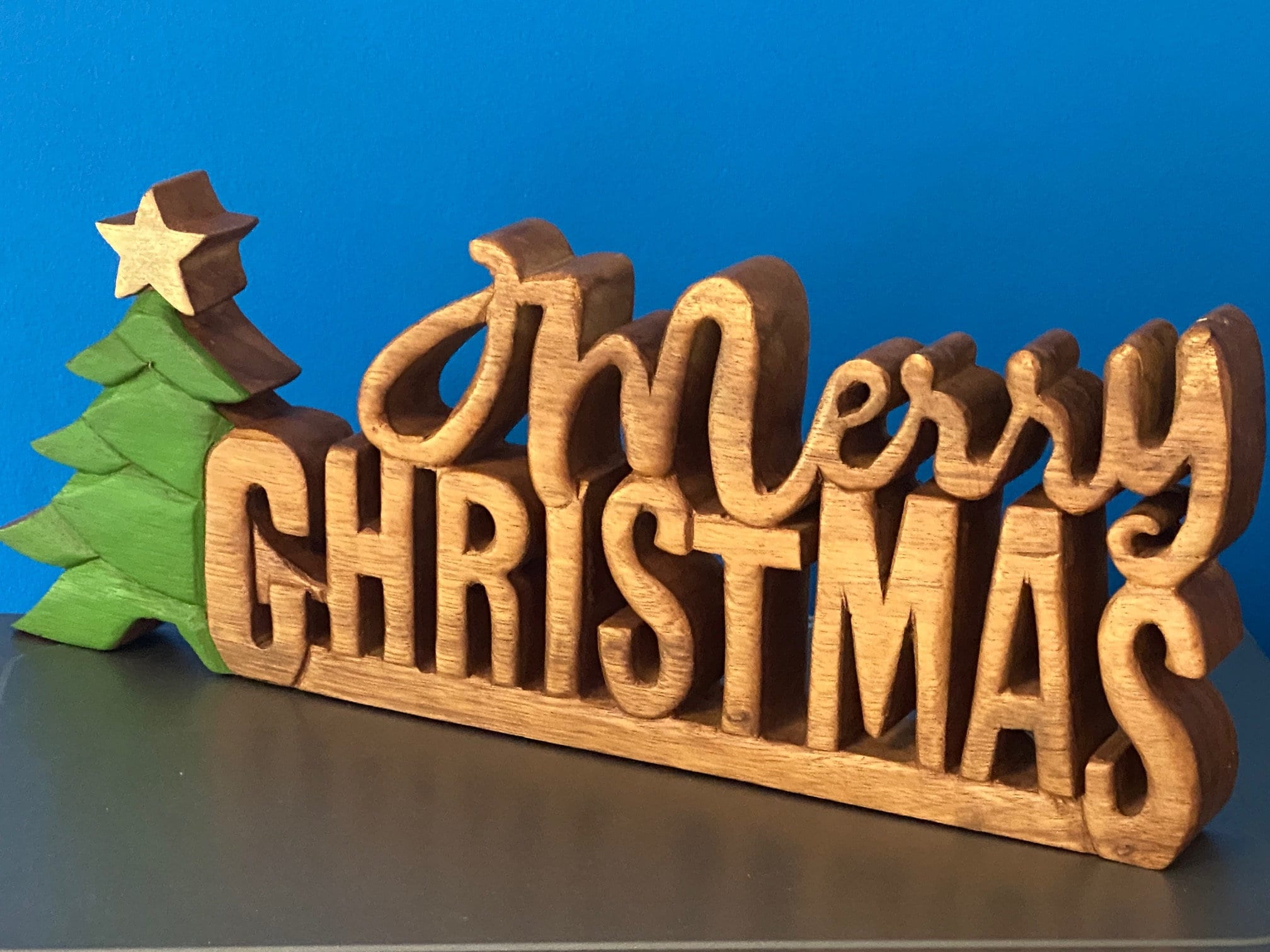 Wooden Carved Merry Christmas Decoration 38 Cm Long With Tree and Star ...