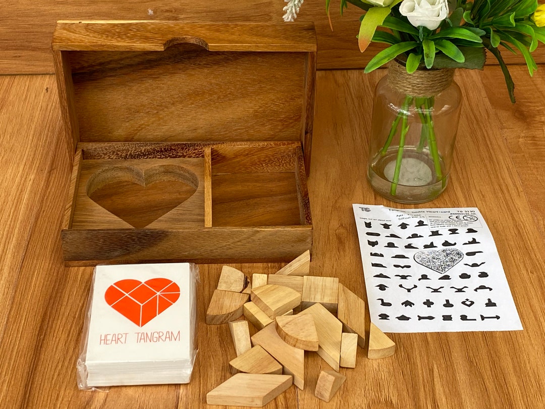Logic Heart Tangram Set With Play Cards Wooden Puzzle Game - Etsy