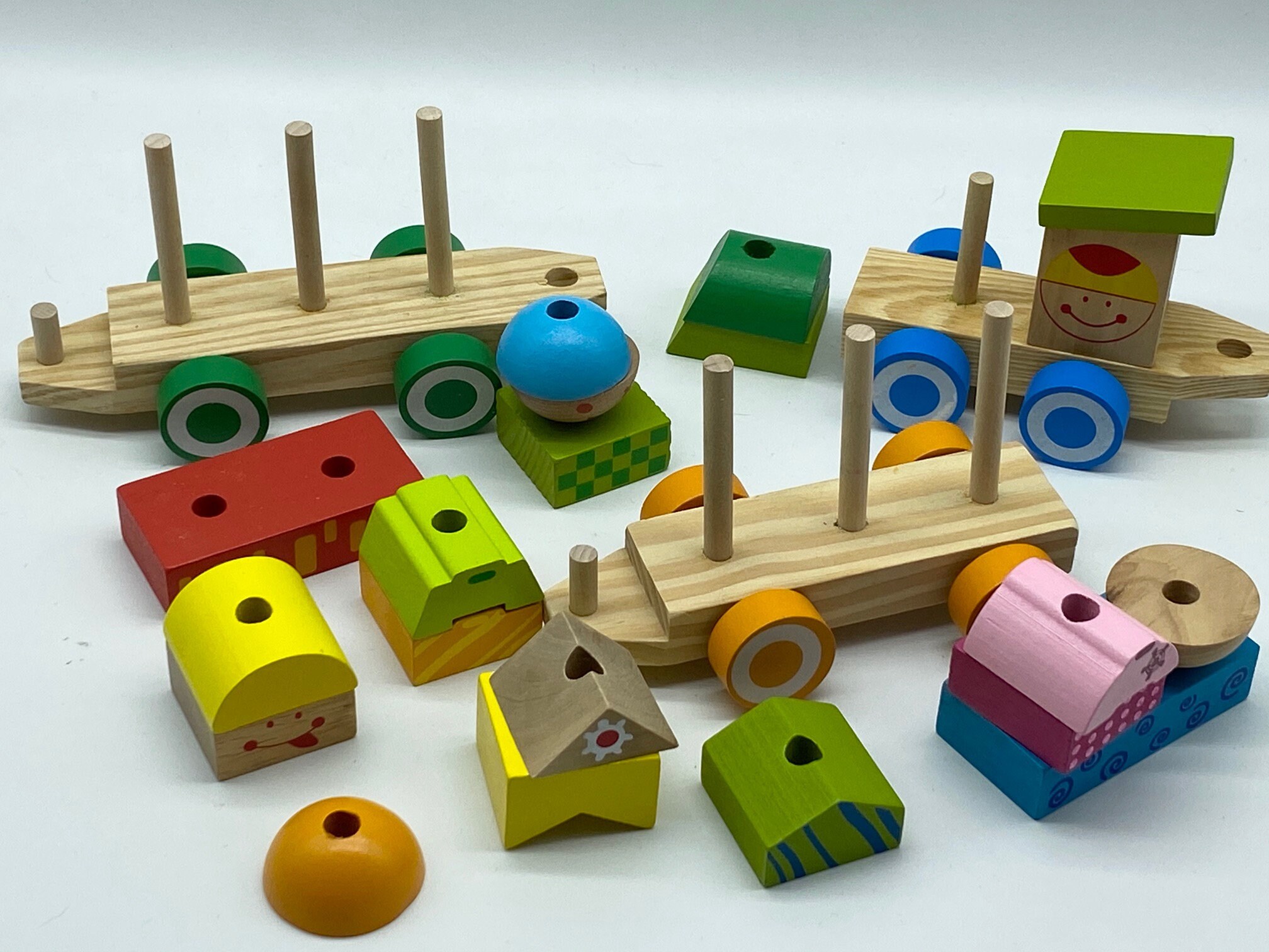 Wooden Train Set With Stacking Blocks Shapes and Smiley Face - Etsy UK