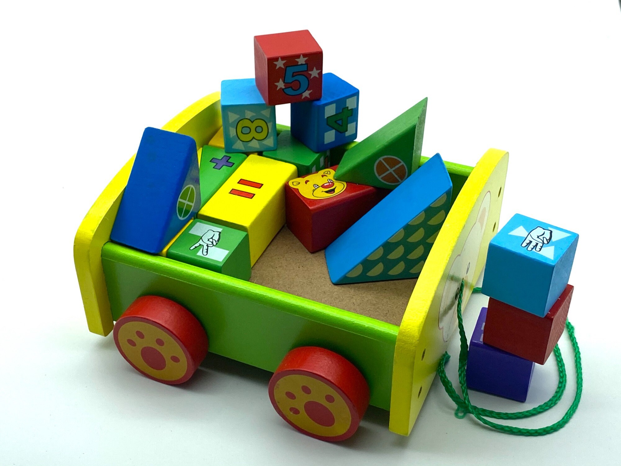 Kids Wooden Building Puzzle Blocks in Wood Tray With Wheels - Etsy UK