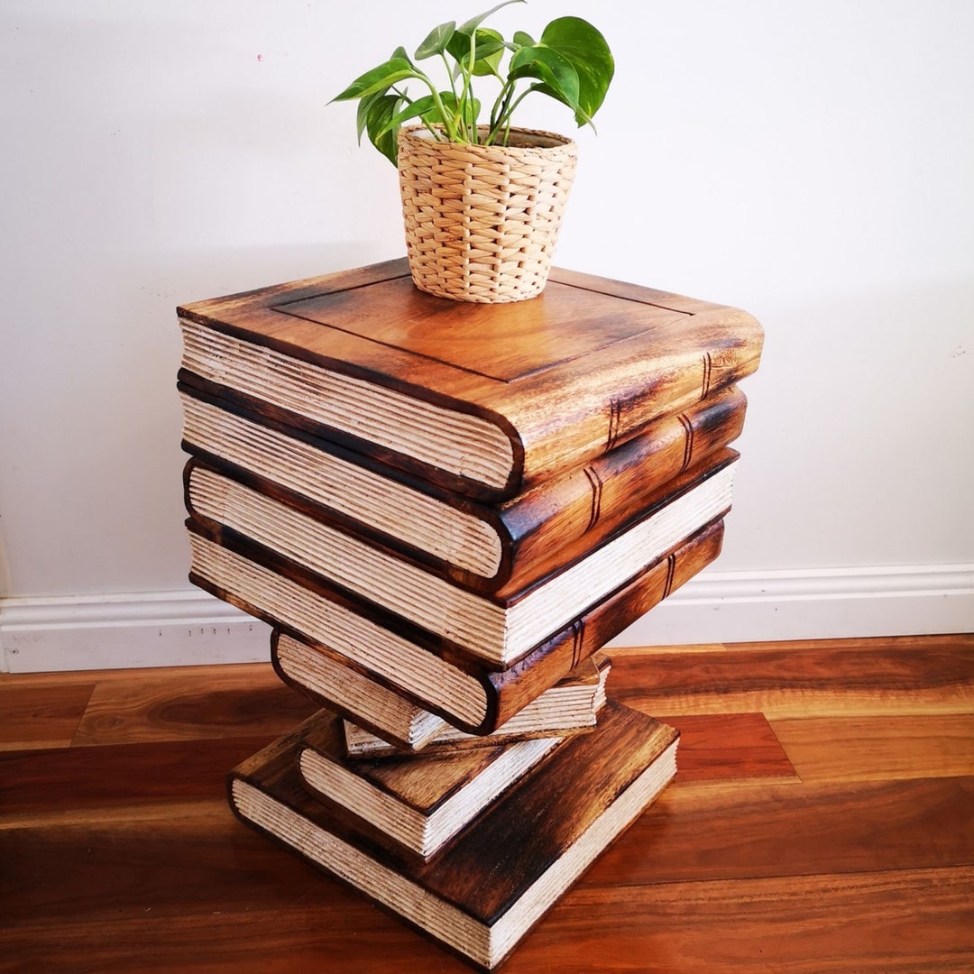 Side Table Book Stack Design With Storage Compartment Natural Burned - Etsy