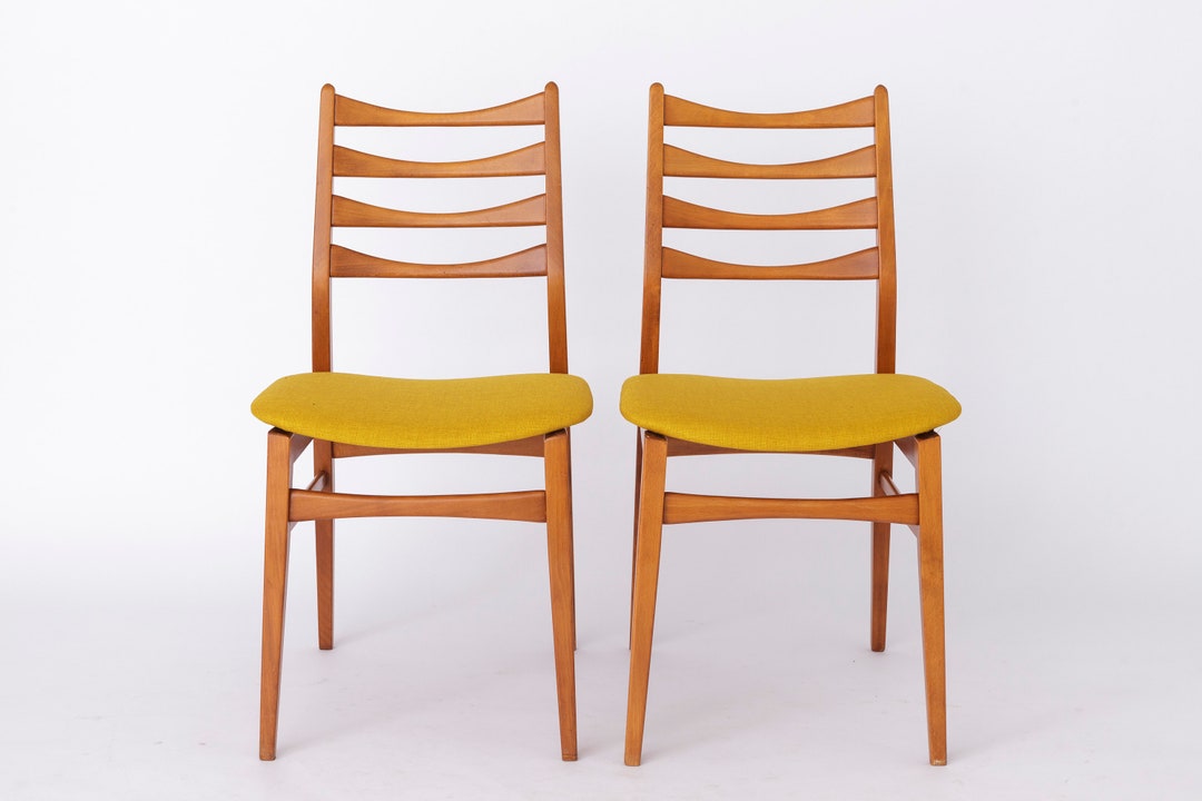 Pair of German Vintage Chairs | Beech Wood | Yellow Textile | 1960s ...