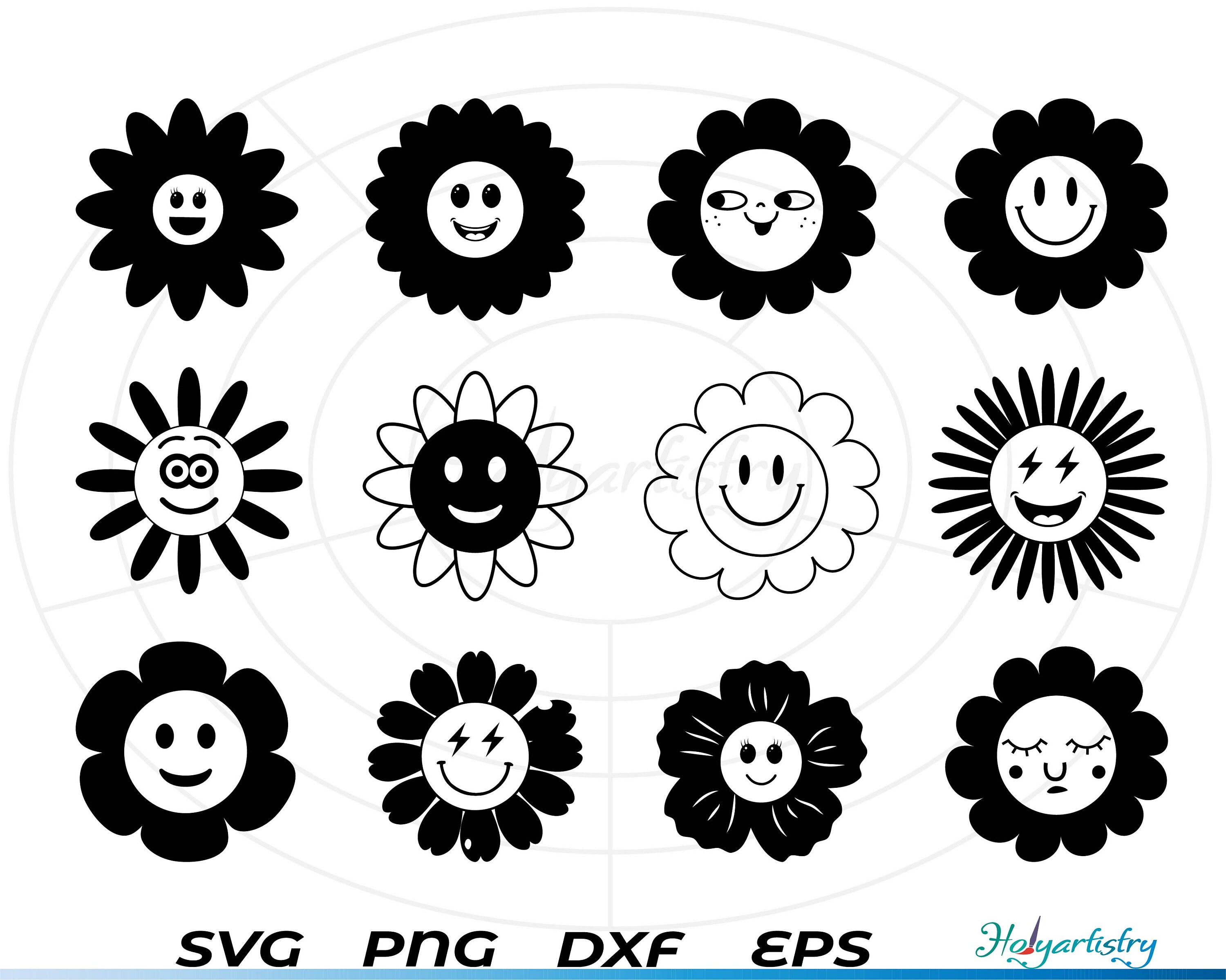 Smiley Face With Flower Svg, Happy Face Svg, Drippy Smiley Svg ...