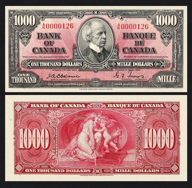 Canadian Money 1000 Dollar Bill