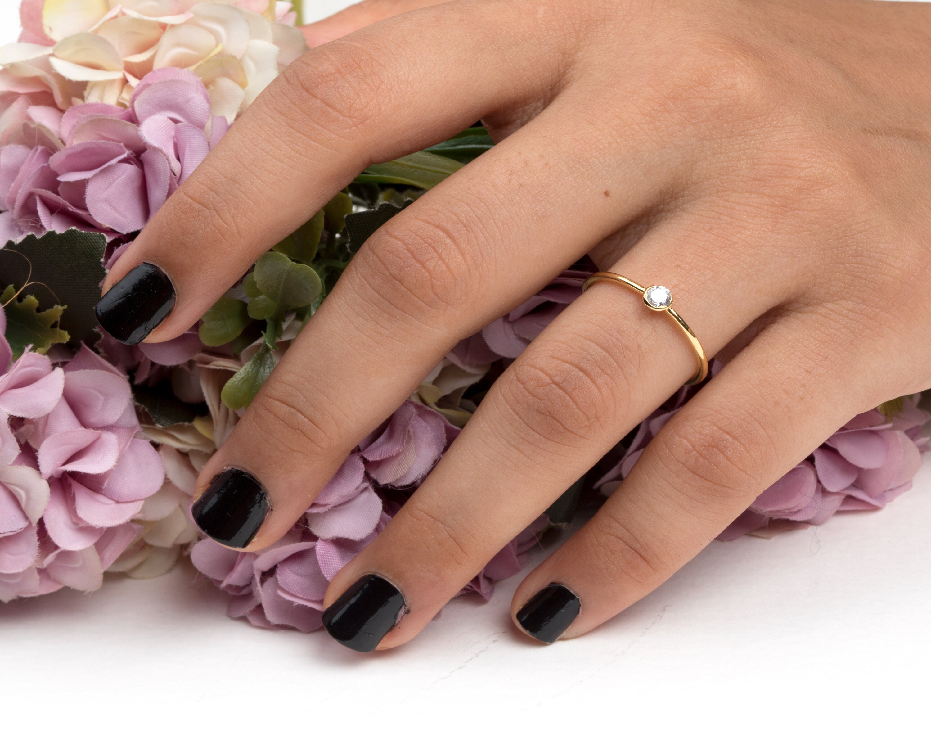 Tiny Round Natural Diamond bezel Setting Dainty Ring 14k / 18k | Etsy