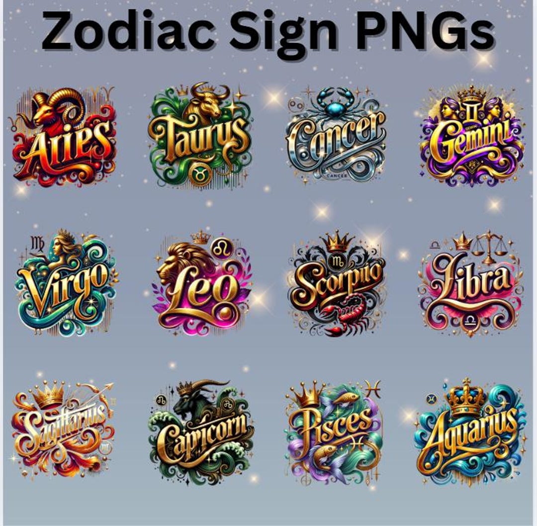 Zodiac Sign PNG Bundle | 12 Astrology Clipart Files | Horoscope Star ...