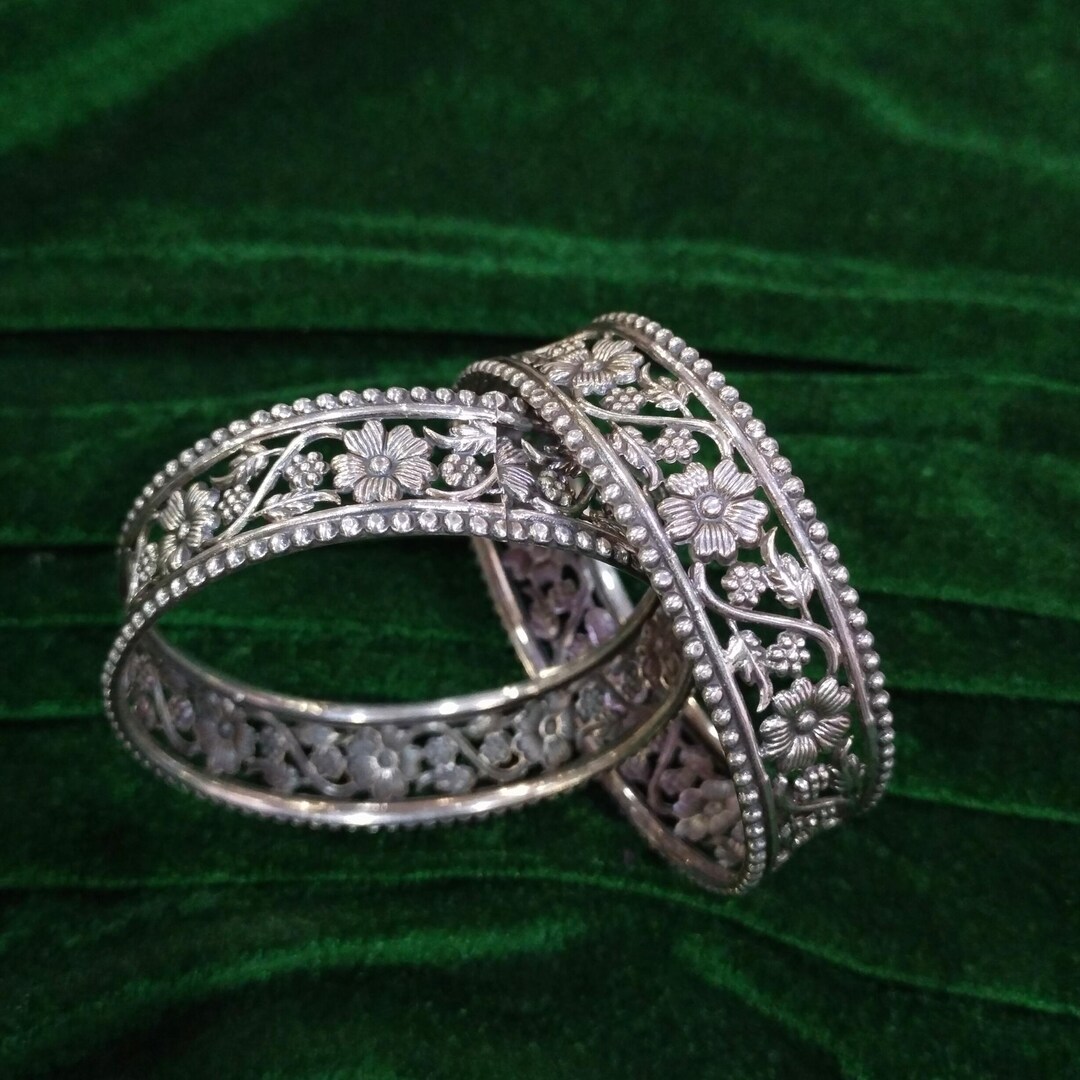 2 Piece Bangle Set, Flower Design Silver Bangle, 925 Sterling Silver ...