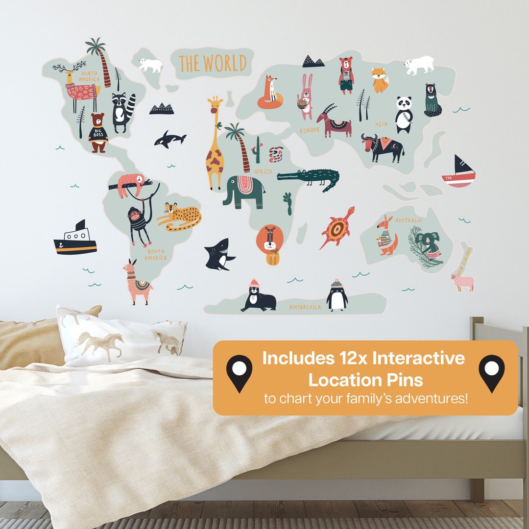 Interactive Animal World Map Decal for Kids, Peel and Stick Fabric ...