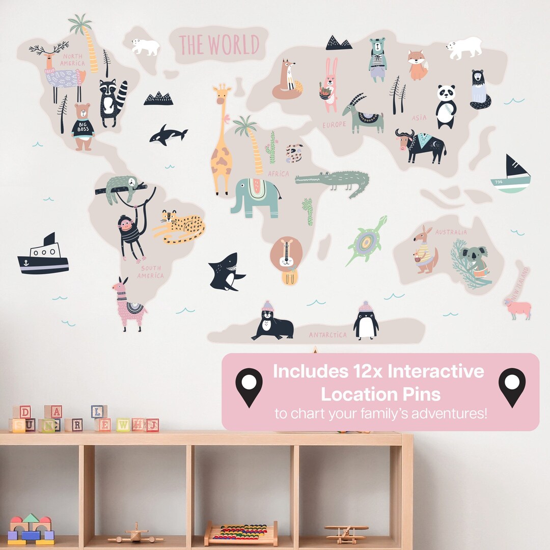 Interactive World Map Decal, Nursery Map Wall Decal, Animal Map Wall ...
