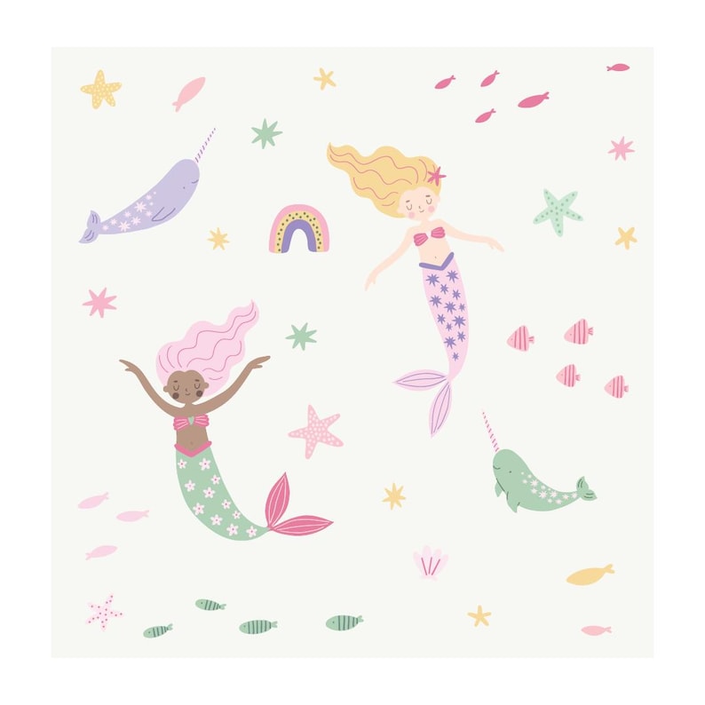 Big Mermaids Mural, Colorful Wall Stickers, Girly Accent Wall, Sea Life ...