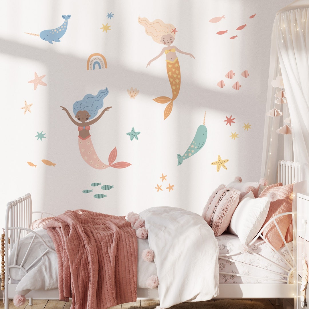 Mermaid Wall Stickers, Mermaid Wall Decor, Girls Room Wall Decals, Cute ...