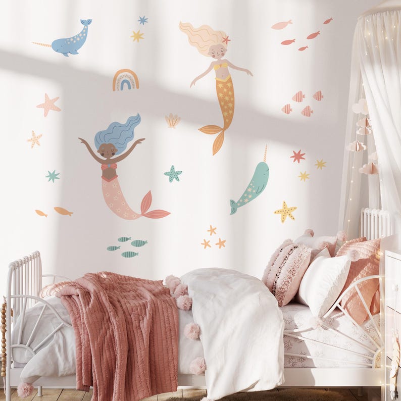 Big Mermaids Mural, Colorful Wall Stickers, Girly Accent Wall, Sea Life ...