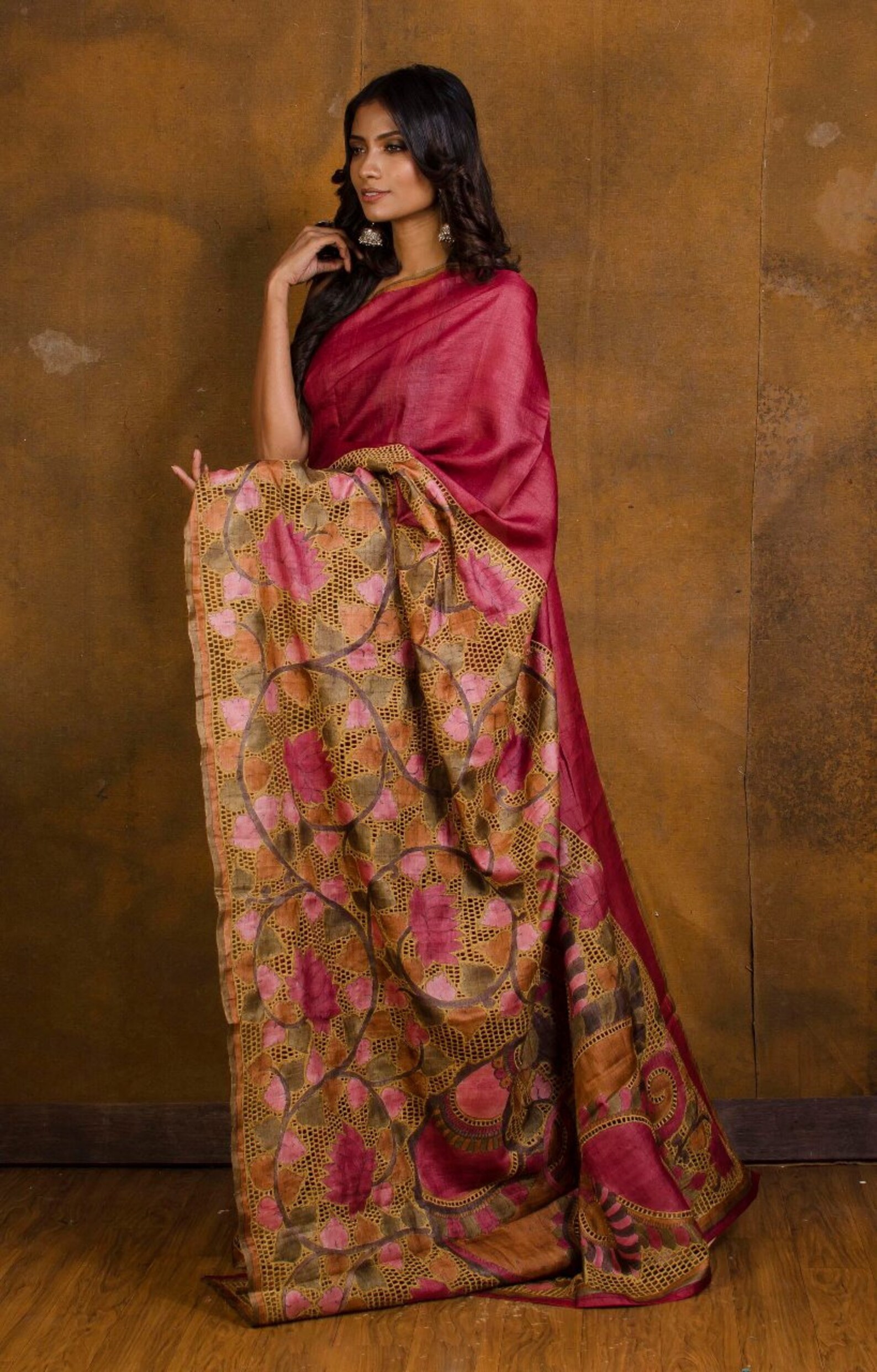 Kalamkari Cross Cutwork Tussar Sarees | Etsy