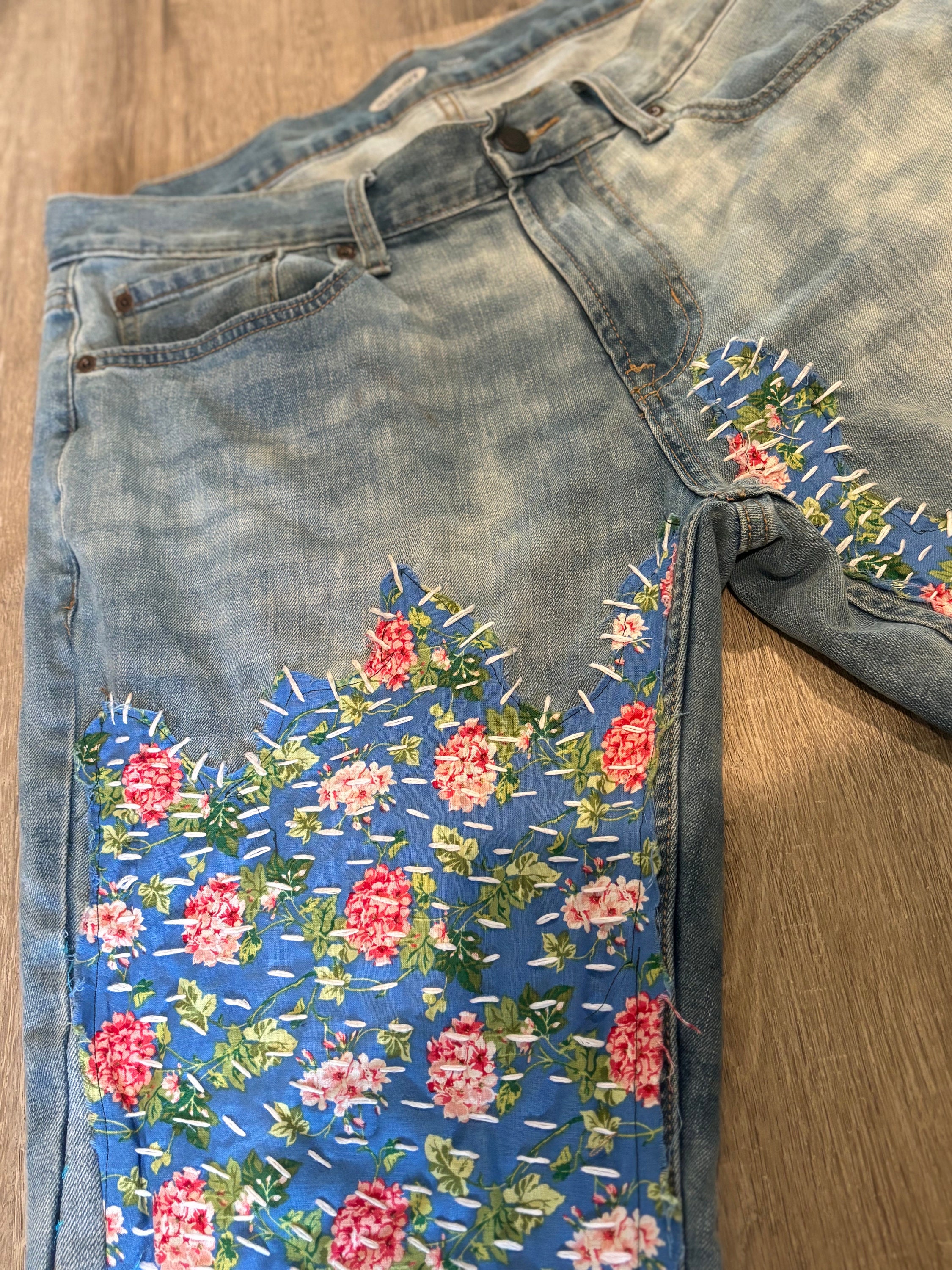 Upcyled Boro Stiched Flower Denim Jeans - Etsy