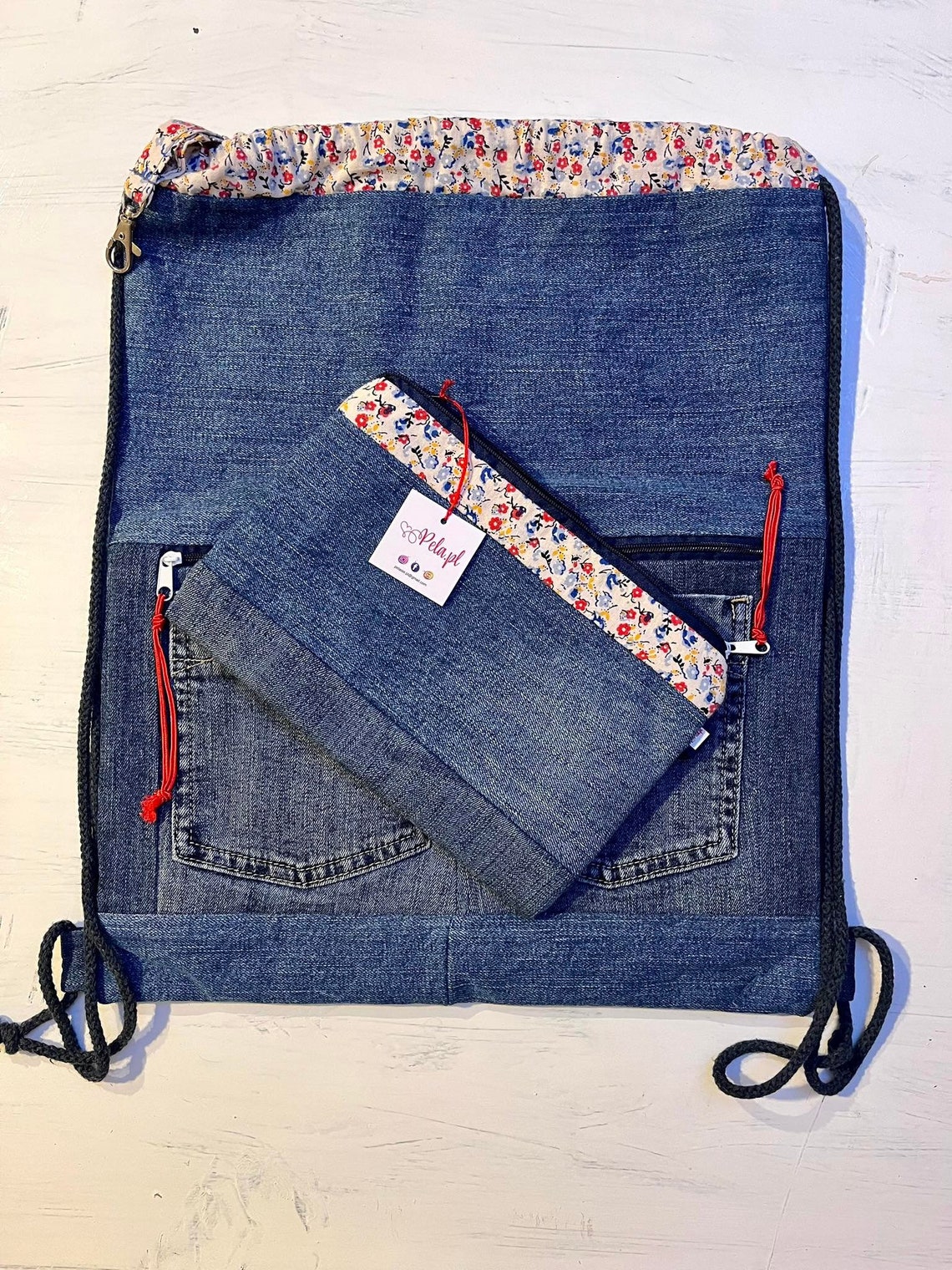 Denim Drawstring Backpack UNIQUE Purse Sports Bag, Back to School ...